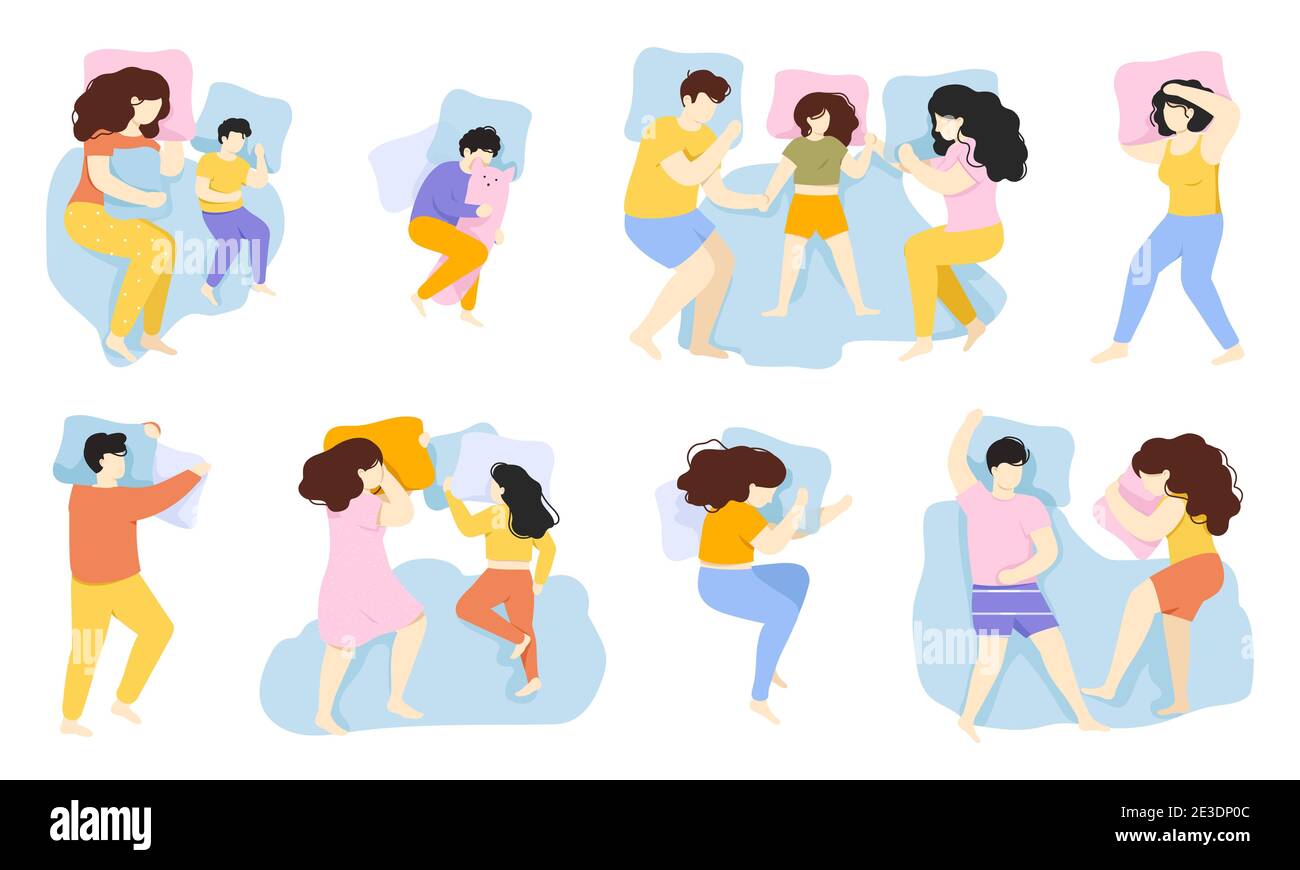 Sleeping people. Man, woman and child sleep pose, male and female ...