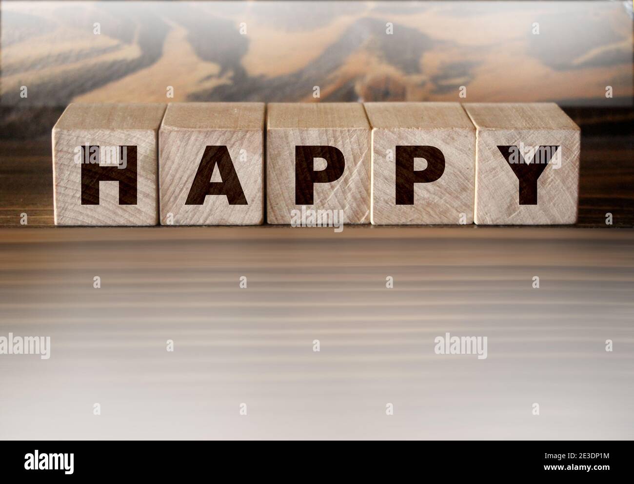 Happy Word Written In Wooden Cubes Stock Photo - Alamy