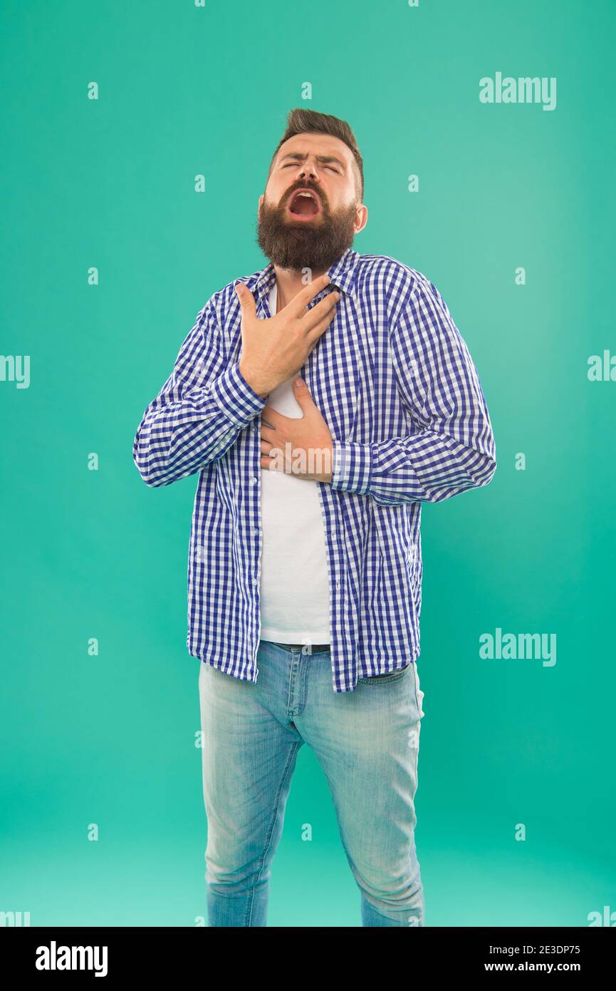 inspired caucasian guy with beard and mustache singing song on blue ...