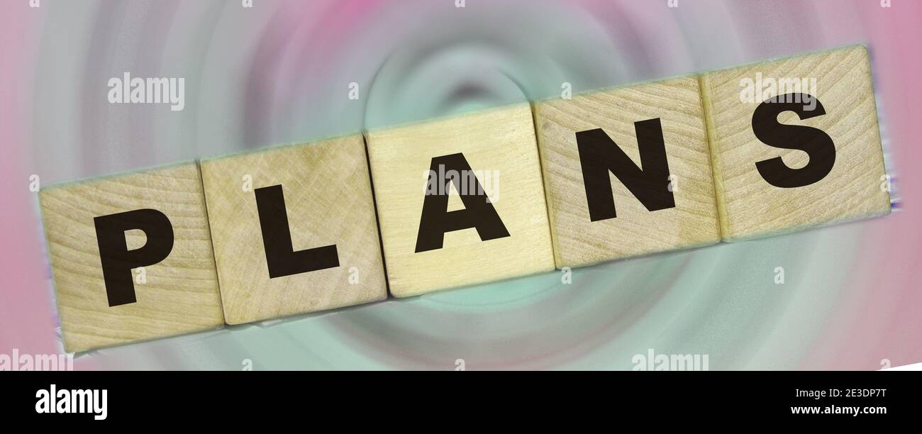 Plans Word Written In Wooden Cubes standing on Swimming pool border ...