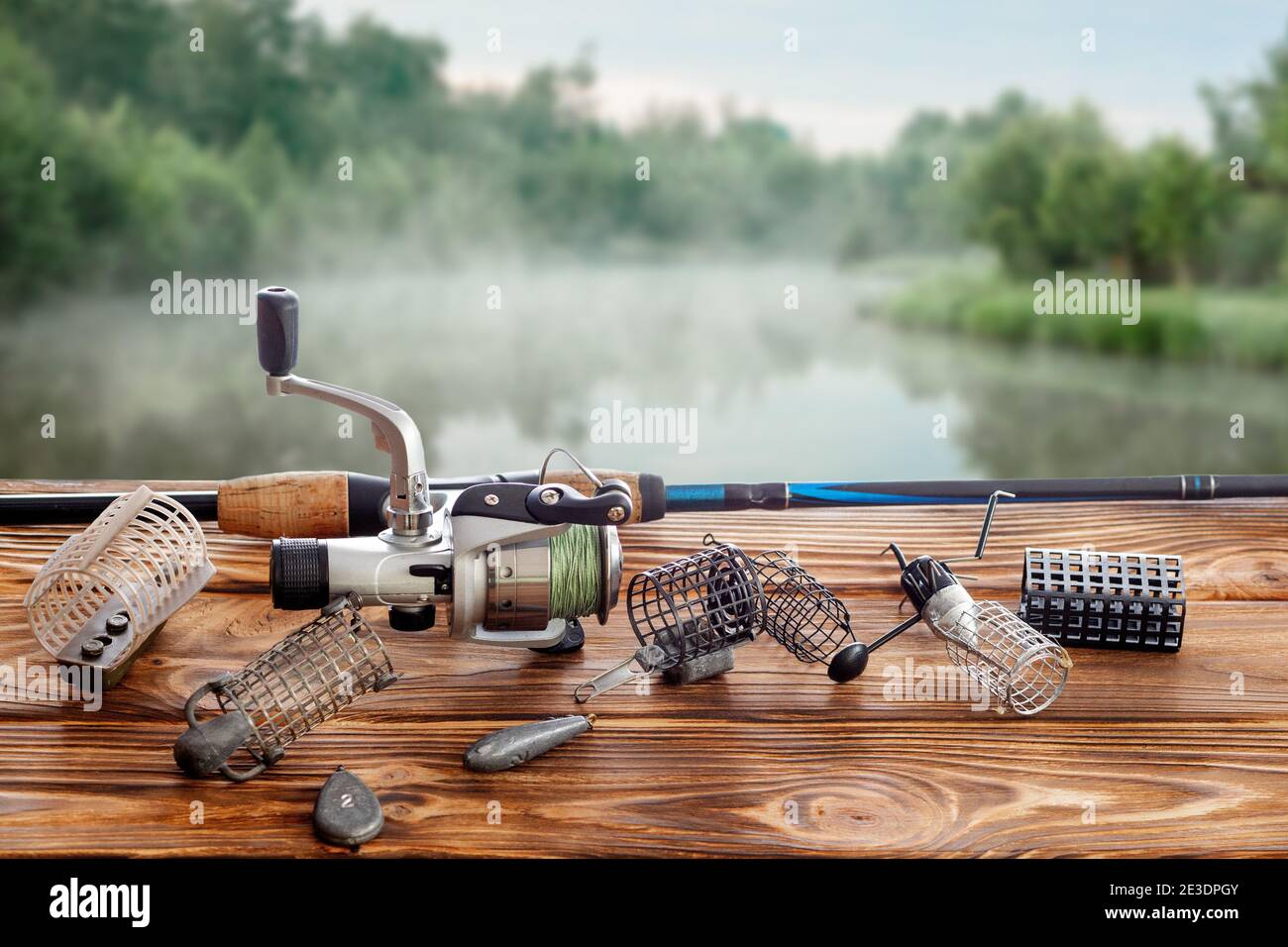 Fishing tackle and accessories on the table against the background of a ...