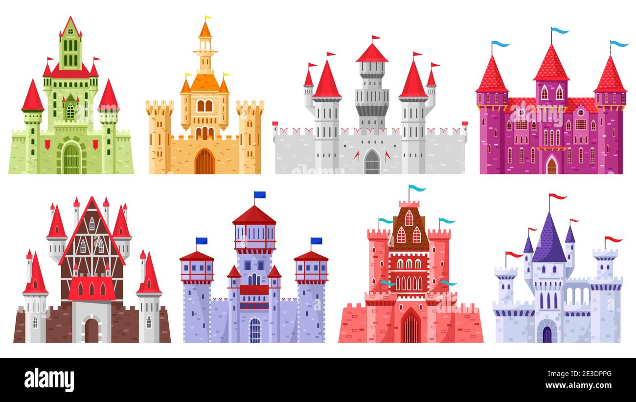 Fairytale medieval towers. Cartoon royal kingdom towers, old ancient magic castles vector ...