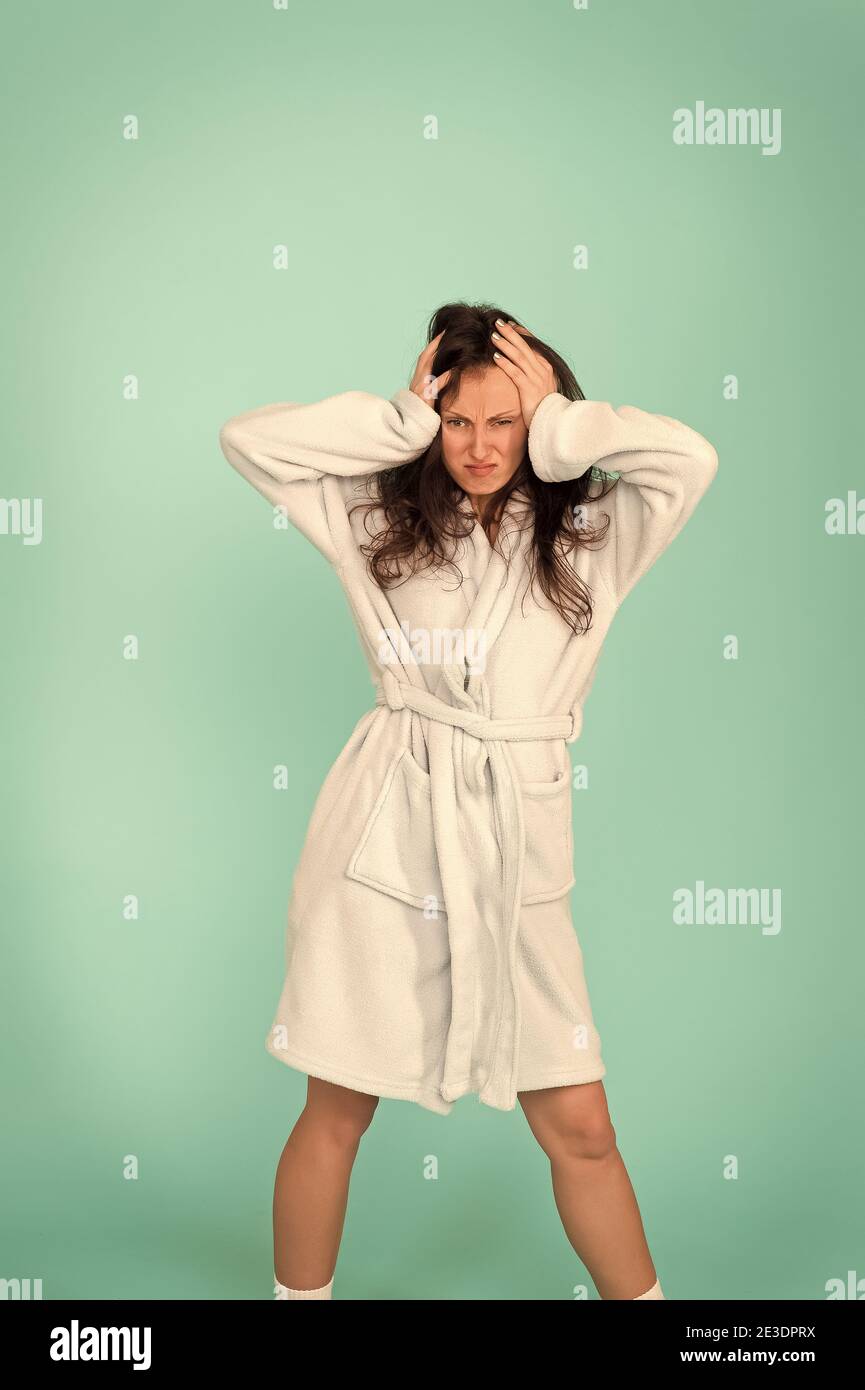 Terrible headache. Hard morning. Girl sleepy face. Insomnia effects ...