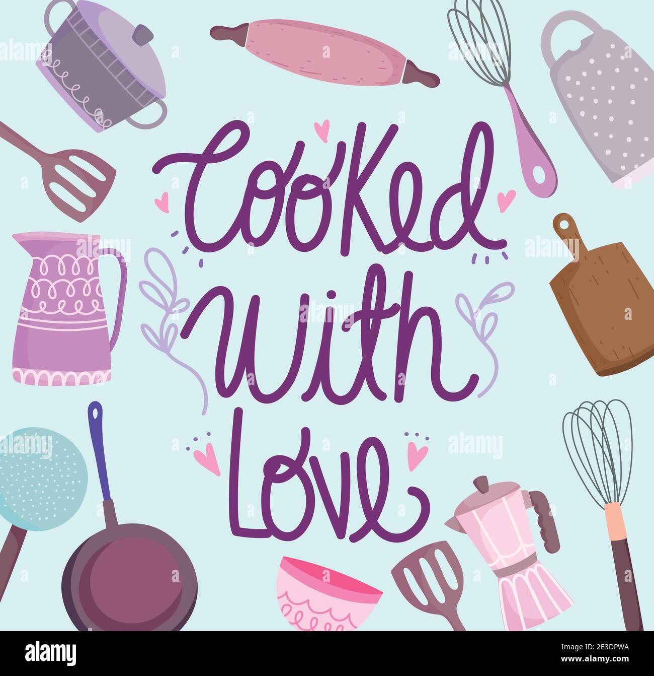 cooking with love utensils and cutlery kitchen, cartoon lettering ...