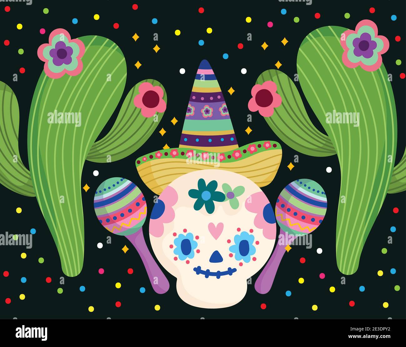 mexico day of the dead skull with hat flowers cactus and maraca festive ...
