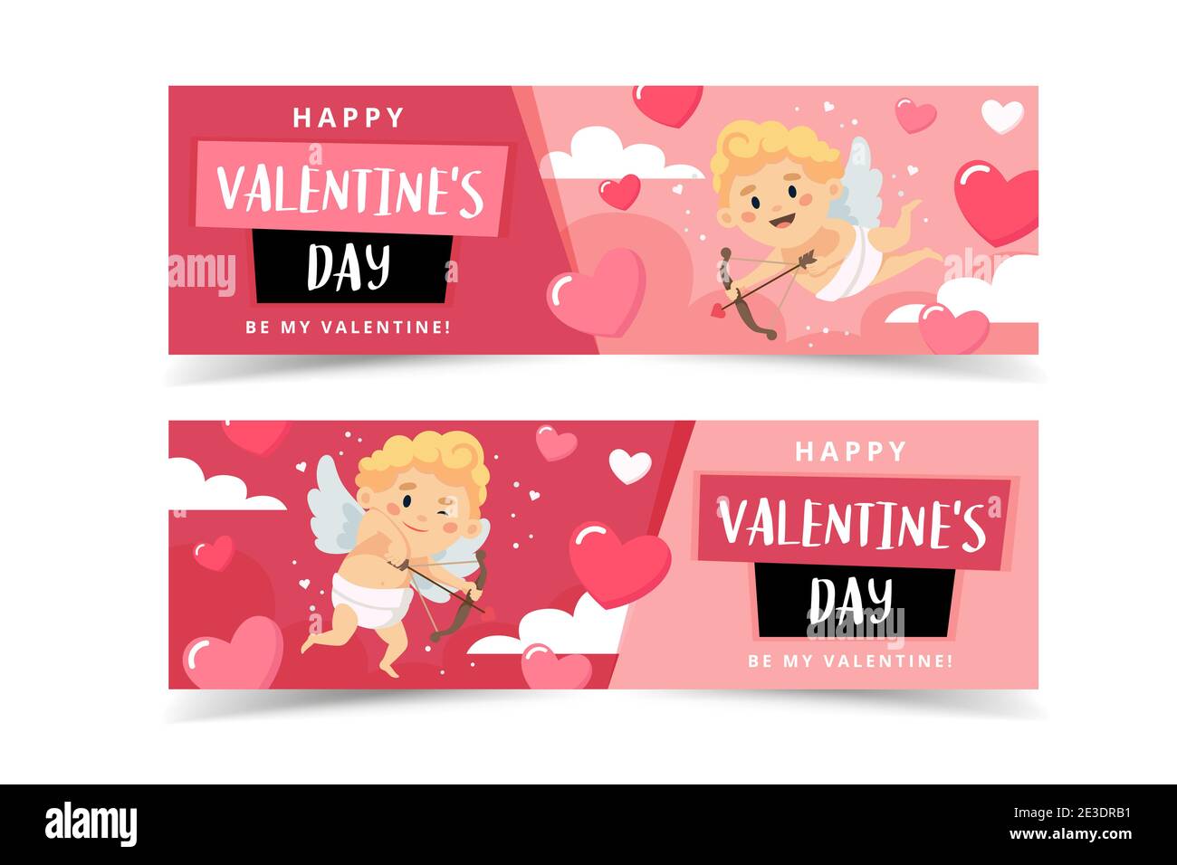 Valentine's Day banners with cupid character. Vector illustration in ...