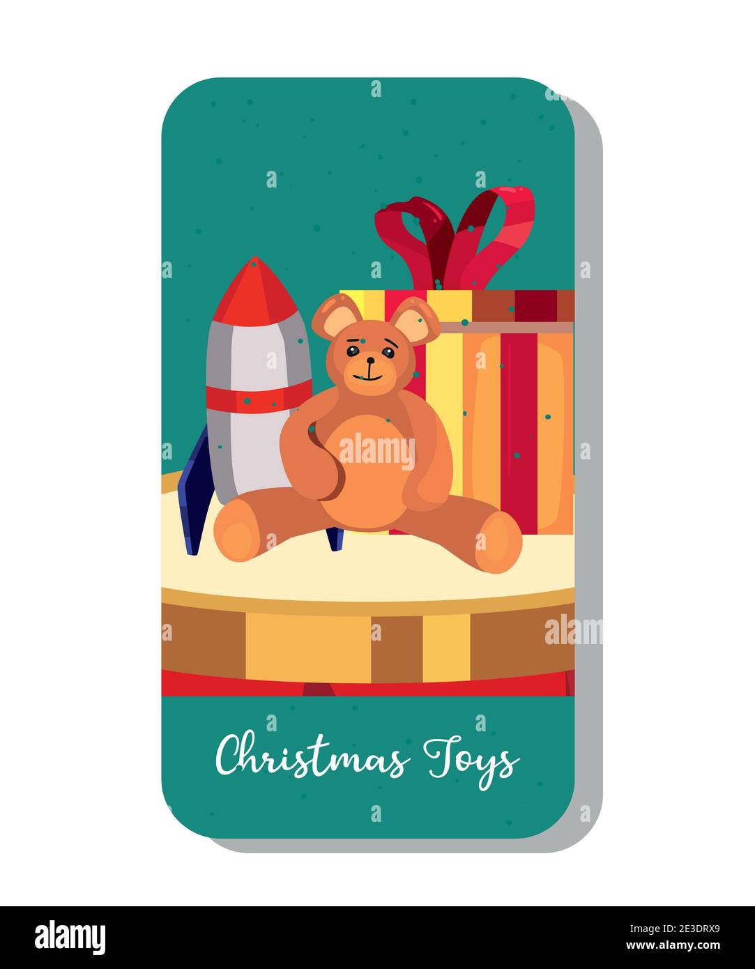 merry christmas toys teddy bear rocket and gift label design, winter ...