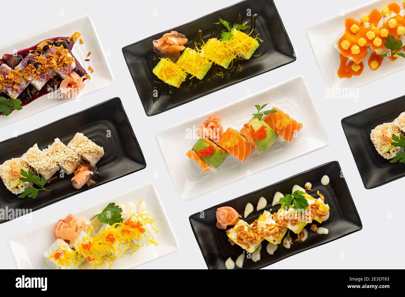 Assorted sushi very colorful Japanese food viewed from above isolated ...
