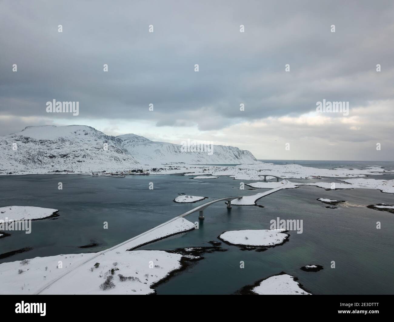 Drone aerial top view dramatic winter scene fo Lofoten Islands in ...