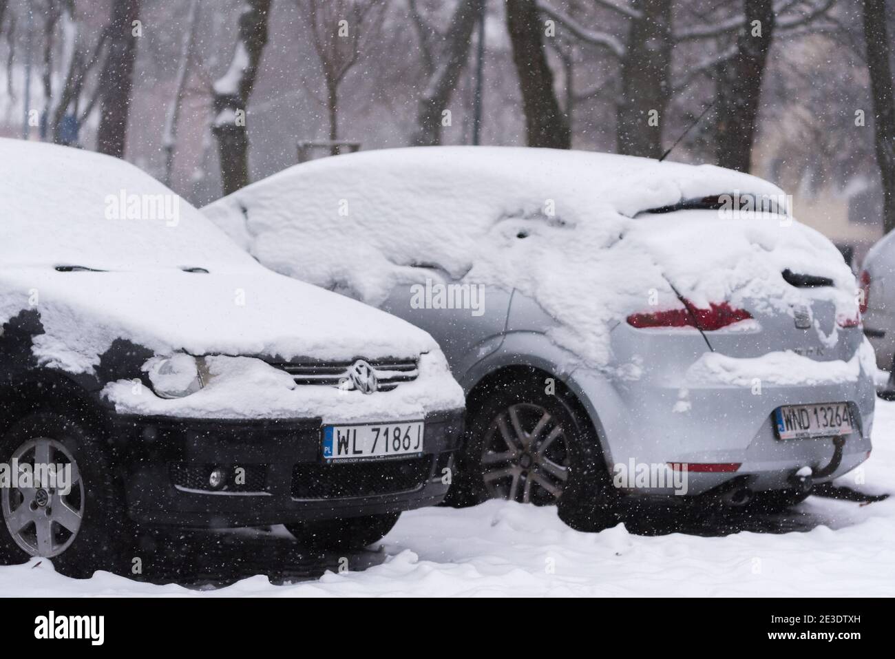 Legionowo, Poland - January 16, 2021: Winter in the city, snow falling ...