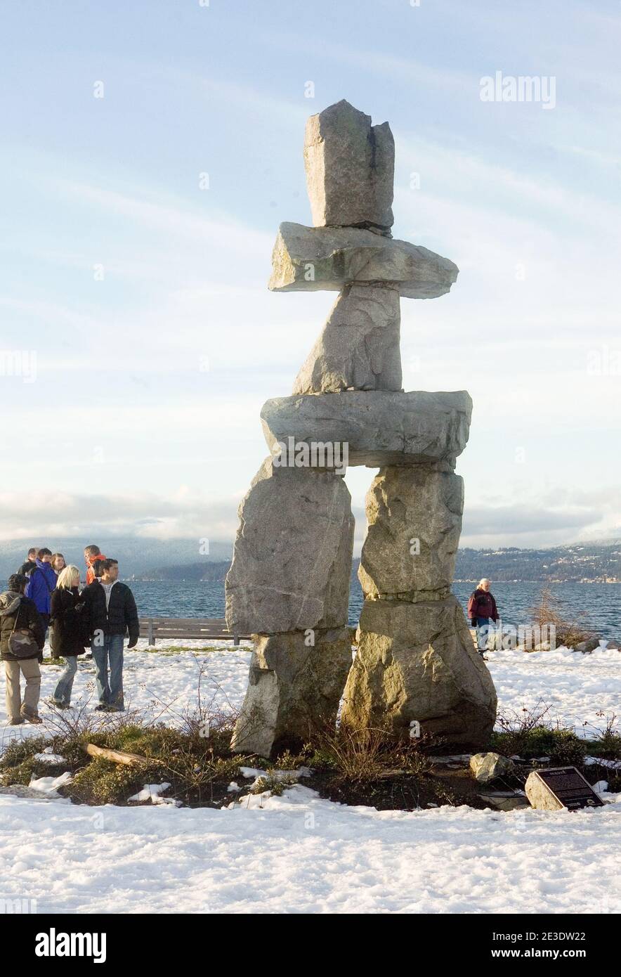 An Inukshuk overlooks the icy 6.0 degree celsius waters of wind chilled ...