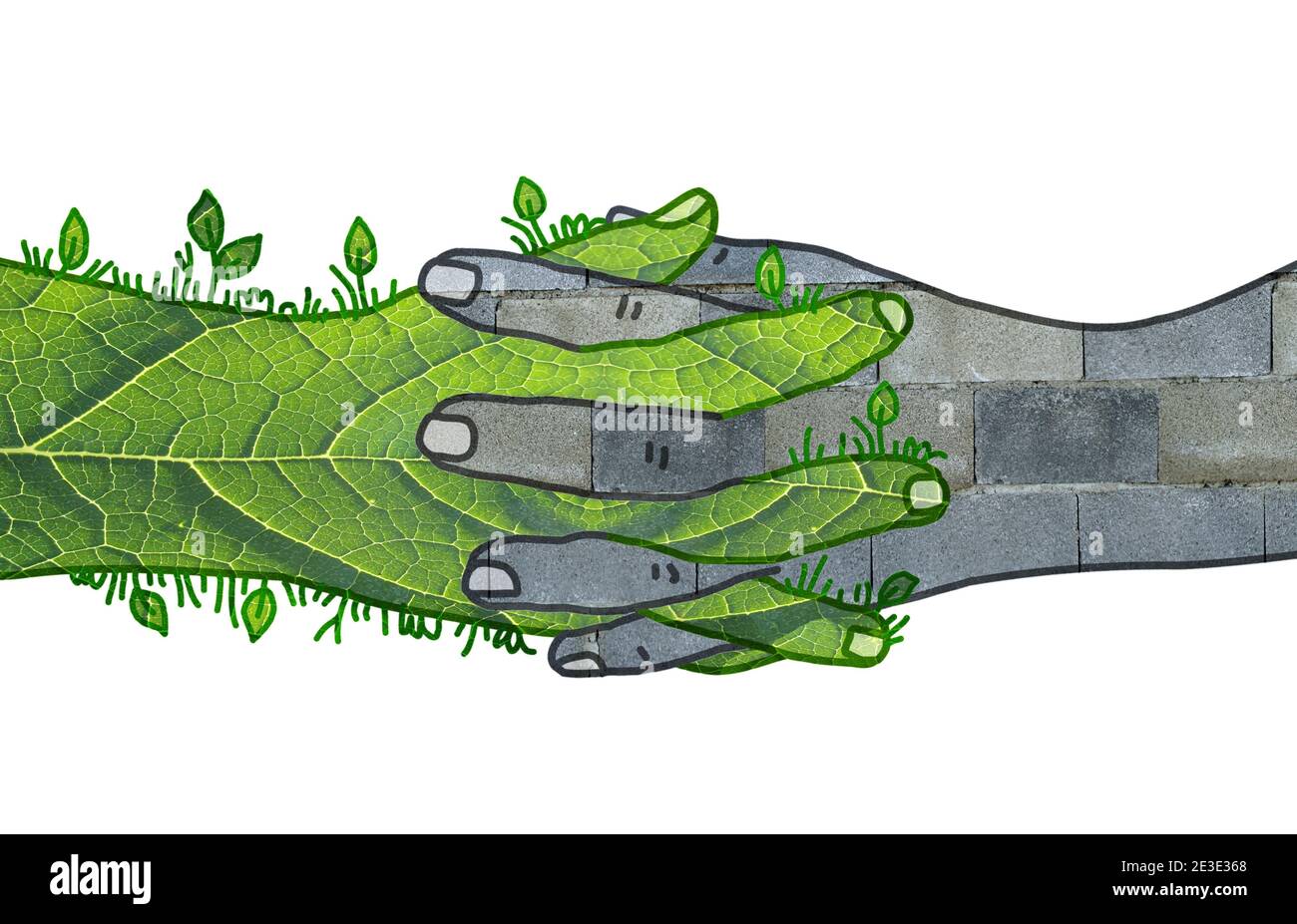 Hand drawn Built Wall and green Nature crossing and mixing Hands ...