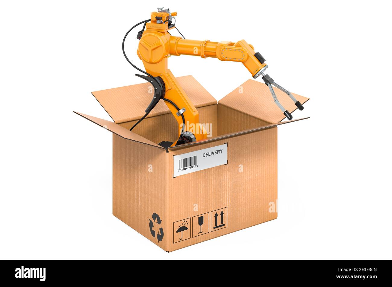 Robotic arm inside cardboard box, delivery concept. 3D rendering ...