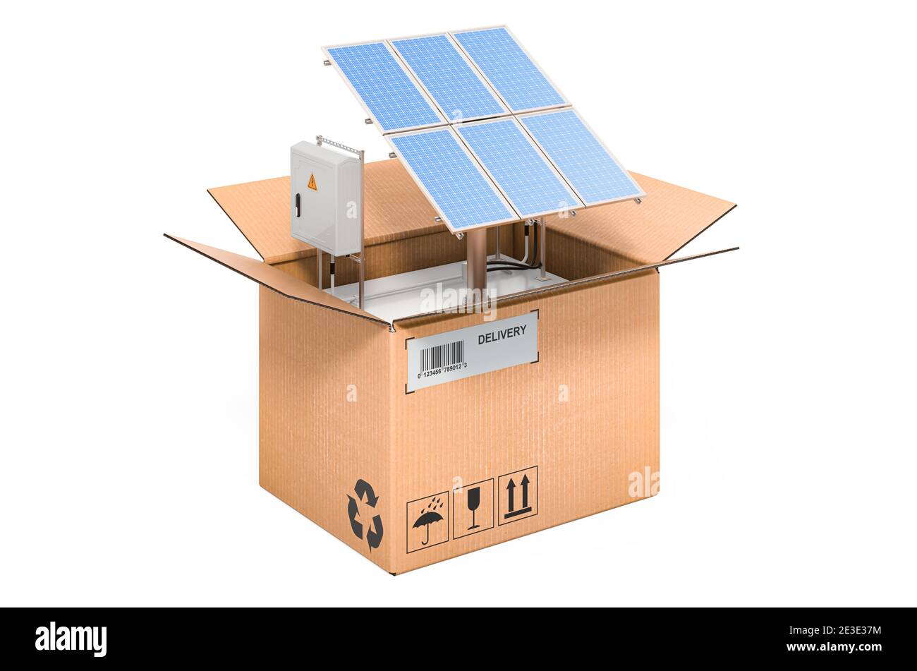 Solar panel inside cardboard box, delivery concept. 3D rendering ...