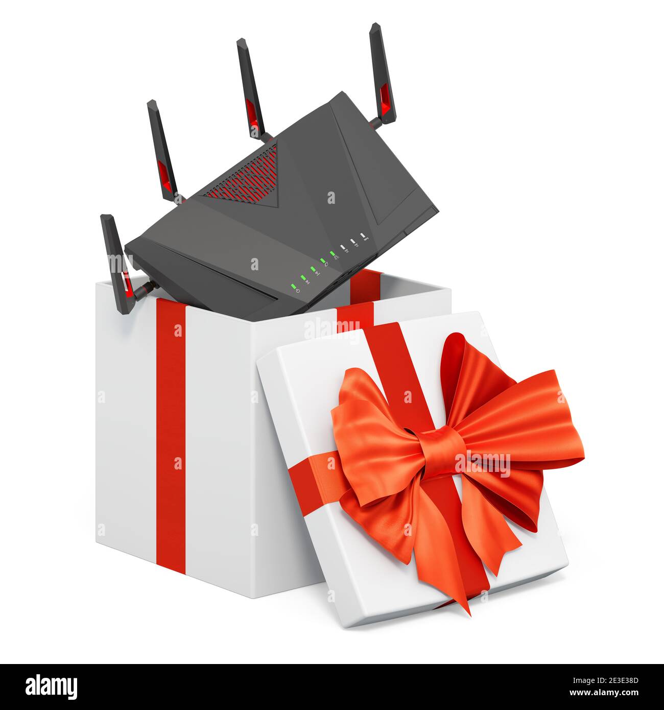 Wi-Fi 6 Router inside gift box, present concept. 3D rendering isolated ...
