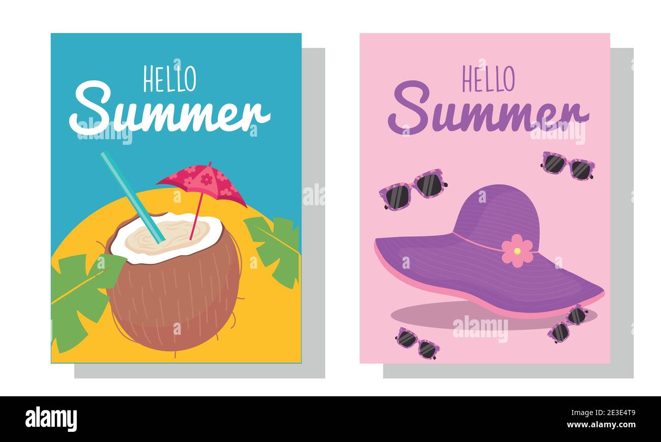 hello summer coconut cocktail hat and glasses design, vacation and ...
