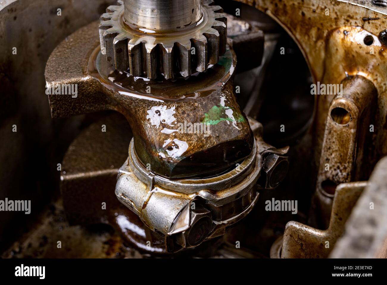 Crankshaft mounted in a small internal combustion engine. The interior ...