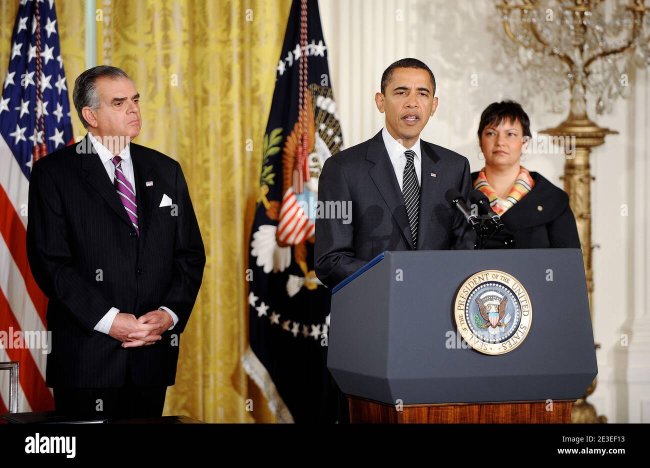 US President Barack Obama, flanked by US Transportation Secretary Ray ...
