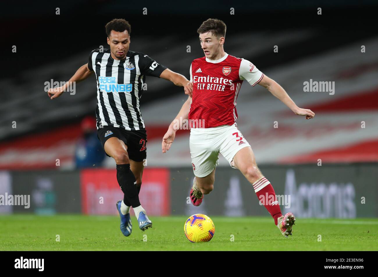 Newcastle United's Jacob Murphy (left) and Arsenal's Kieran Tierney ...