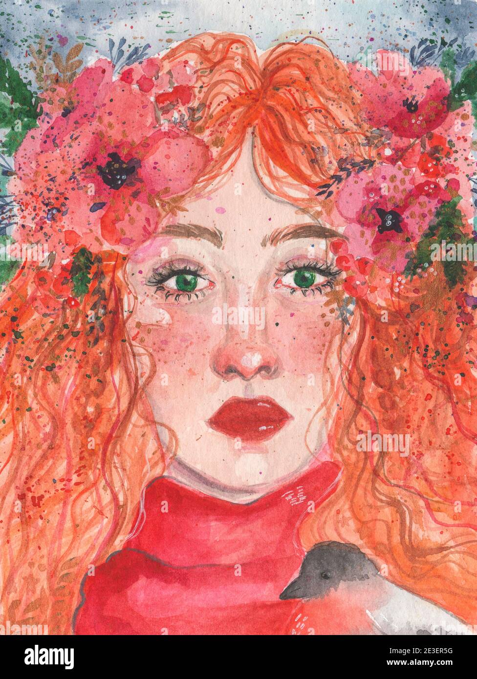 Watercolor portrait of beautiful young girl with red hair and floral ...