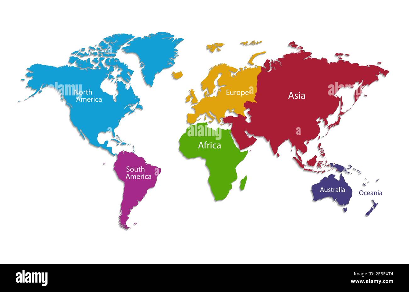 World continents map, separate individual continent with names, color ...