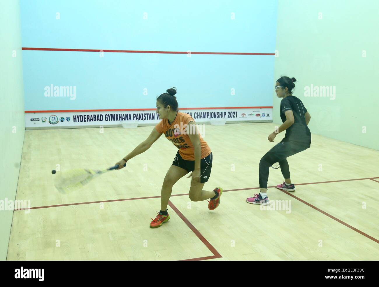 Hyderabad, Pakistan. 18th Jan, 2021. Squash players are playing their ...