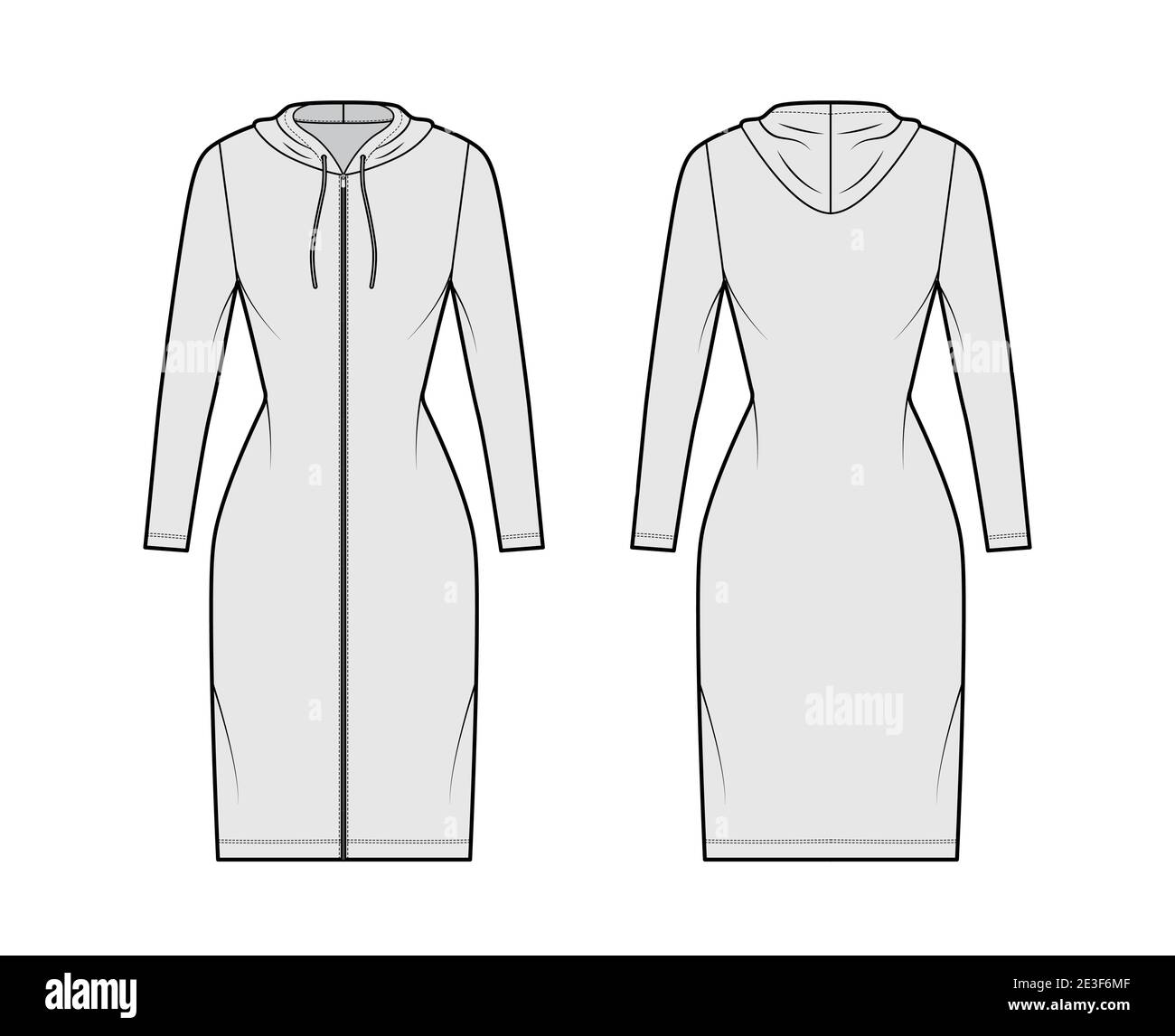 Hoodie zip-up dress technical fashion illustration with long sleeves ...
