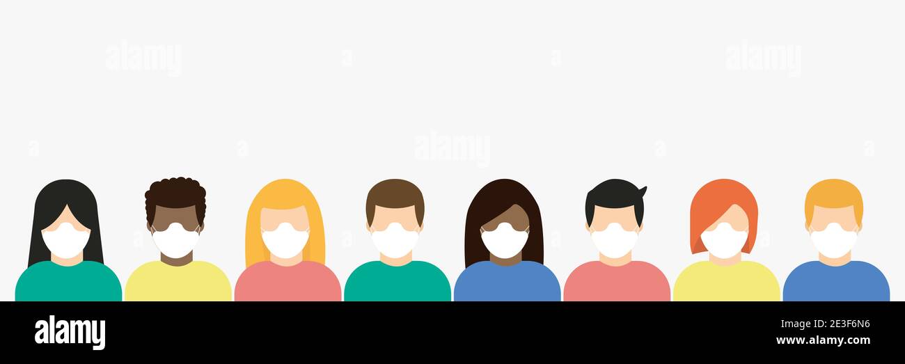 Men and women wearing medical masks standing together. People group ...