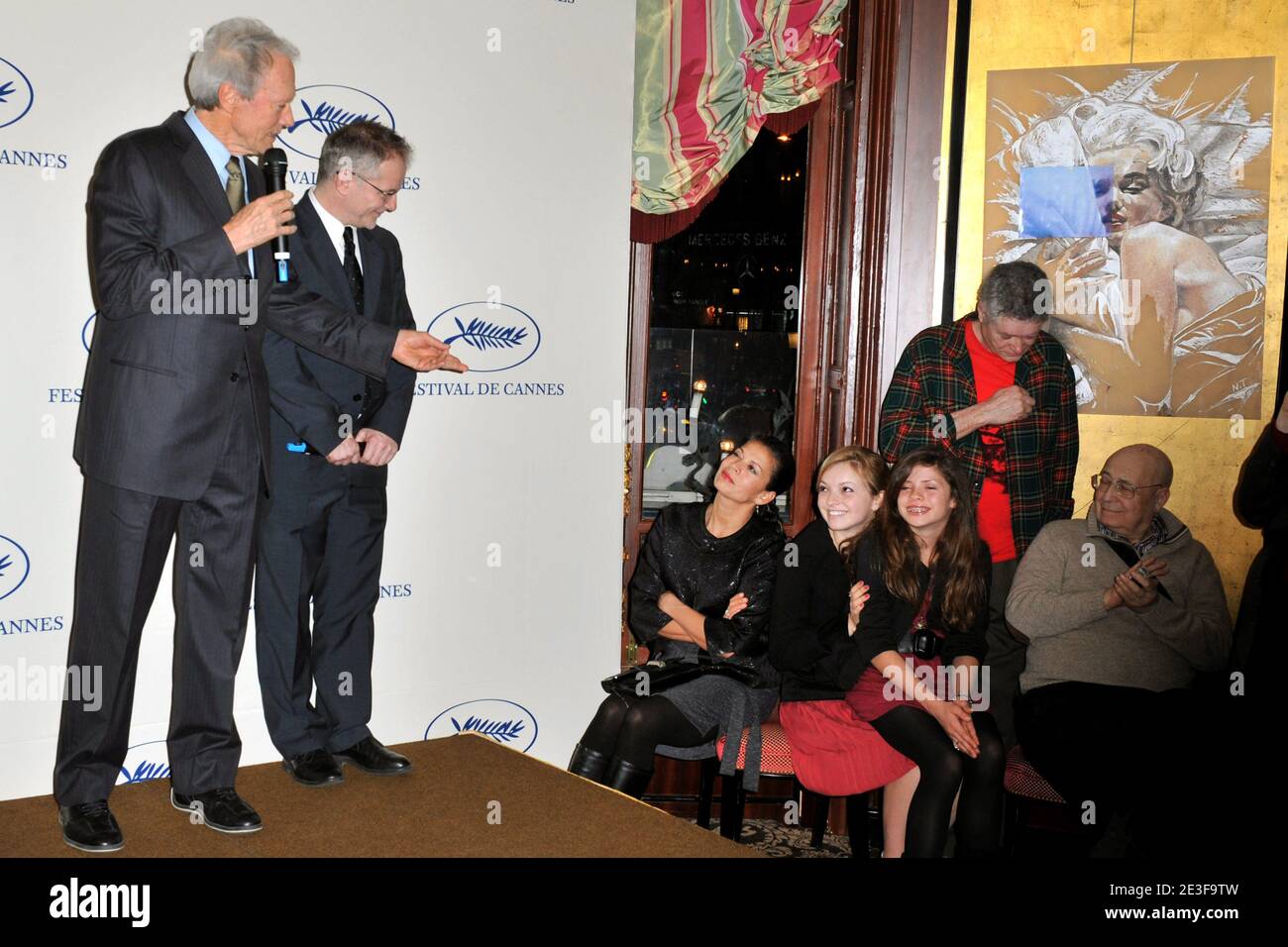 (L-R) Gilles Jacob, Thierry Fremaux, Dina Eastwood and Clint Eastwood ...