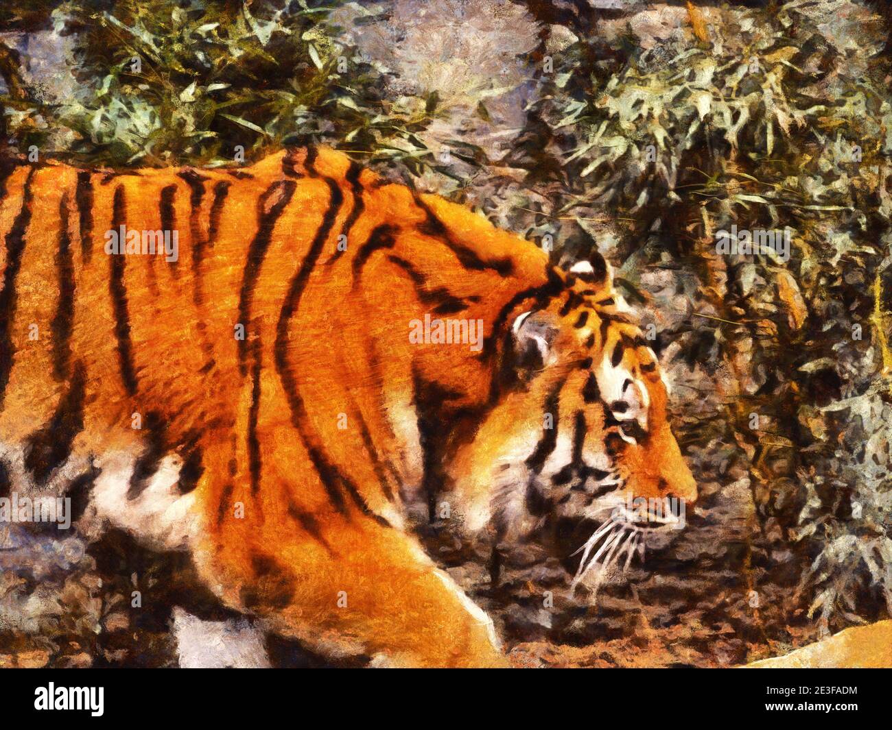 Tiger on the background of plants. Artistic work on the theme of ...