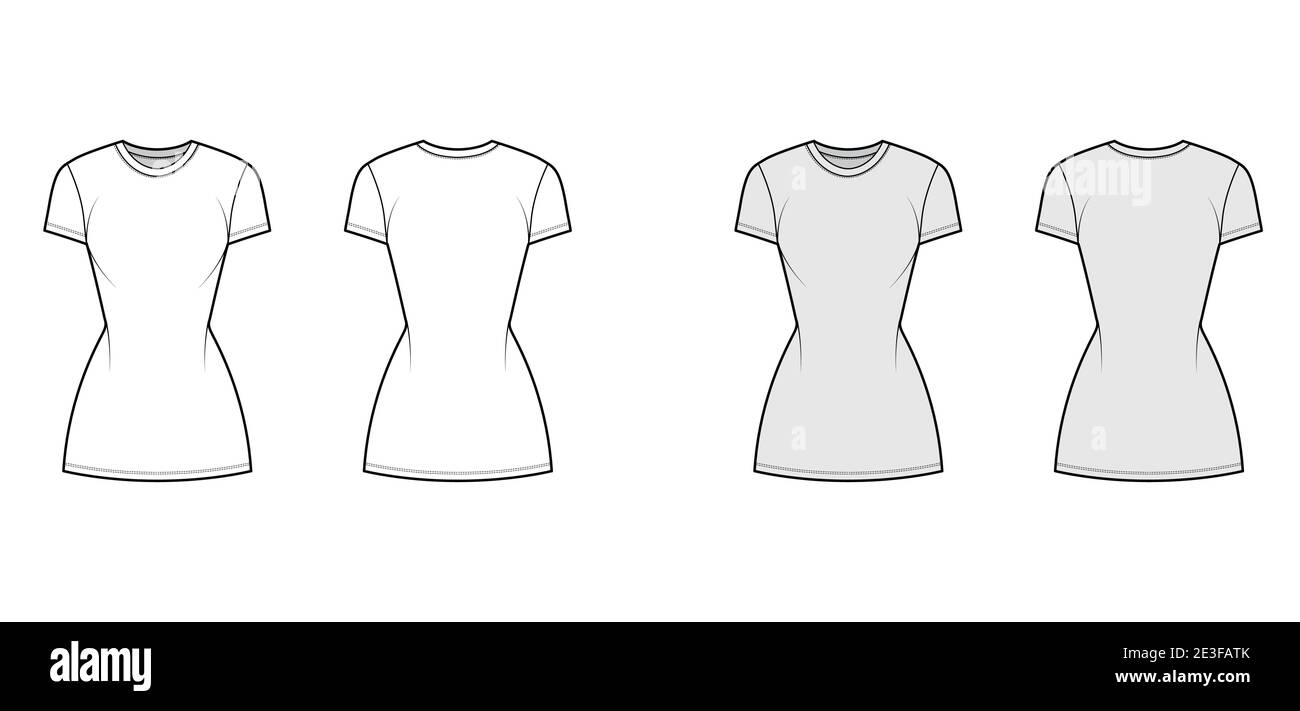T-shirt dress technical fashion illustration with crew neck, short ...