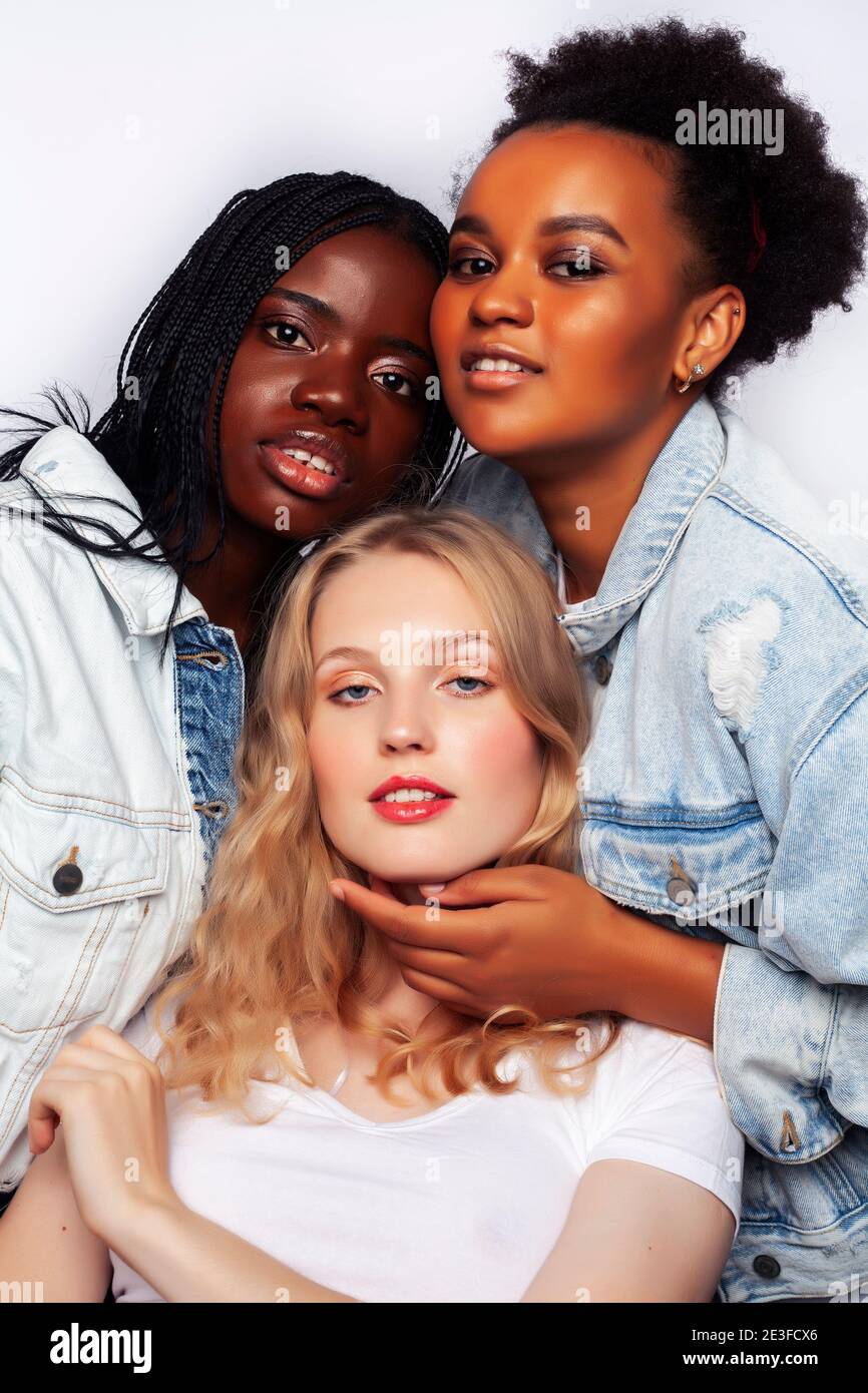 diverse multi nation girls group, teenage friends company cheerful ...
