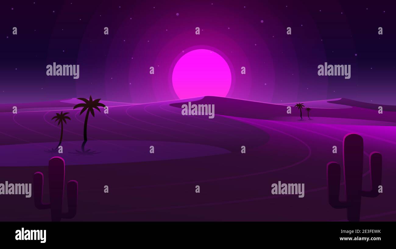 Desert neon cover with oasis and palm trees. Nature background. Vector ...