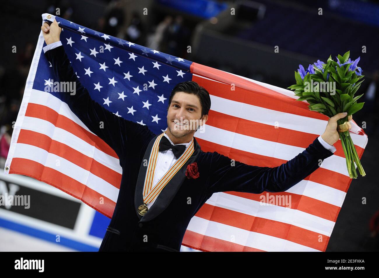 Evan Lysacek of USA celebrates his gold medal at the 2009 World Figure ...