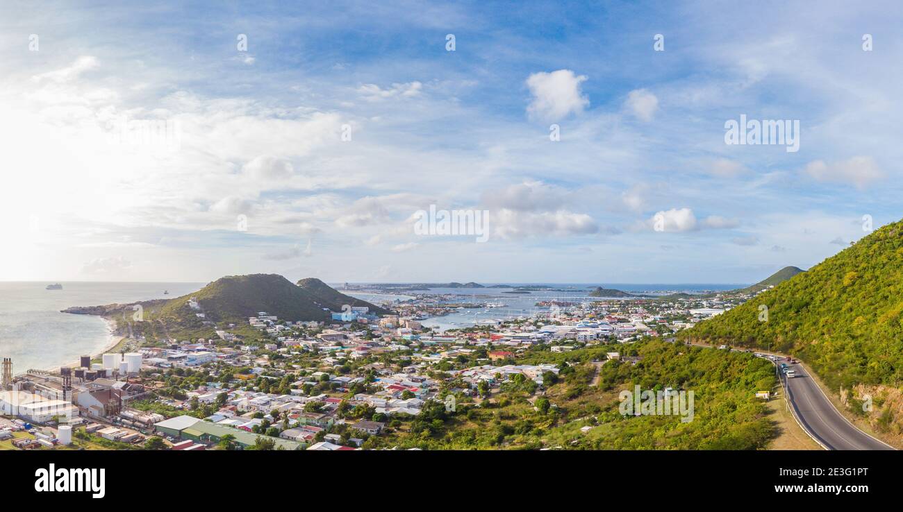 Wide angle view of Dutch St.Maarten landscapes. The Flag of Sint ...