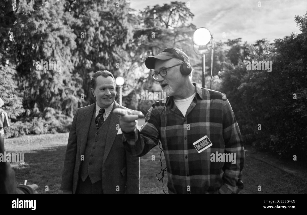 MANK, from left: Gary Oldman, director David Fincher, on set, 2020. ph ...