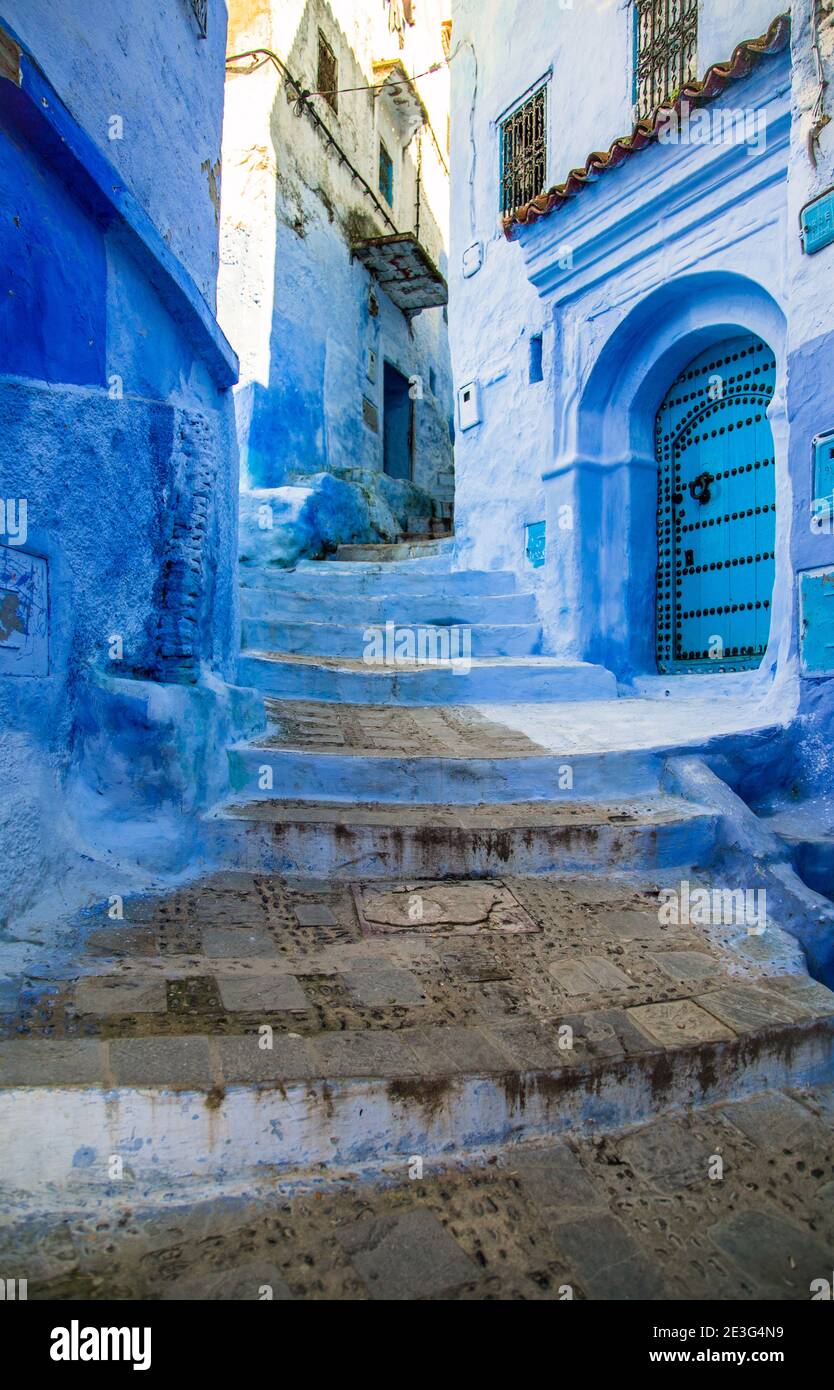 Chefchaouen famous stairs in blue city, Morocco Stock Photo - Alamy