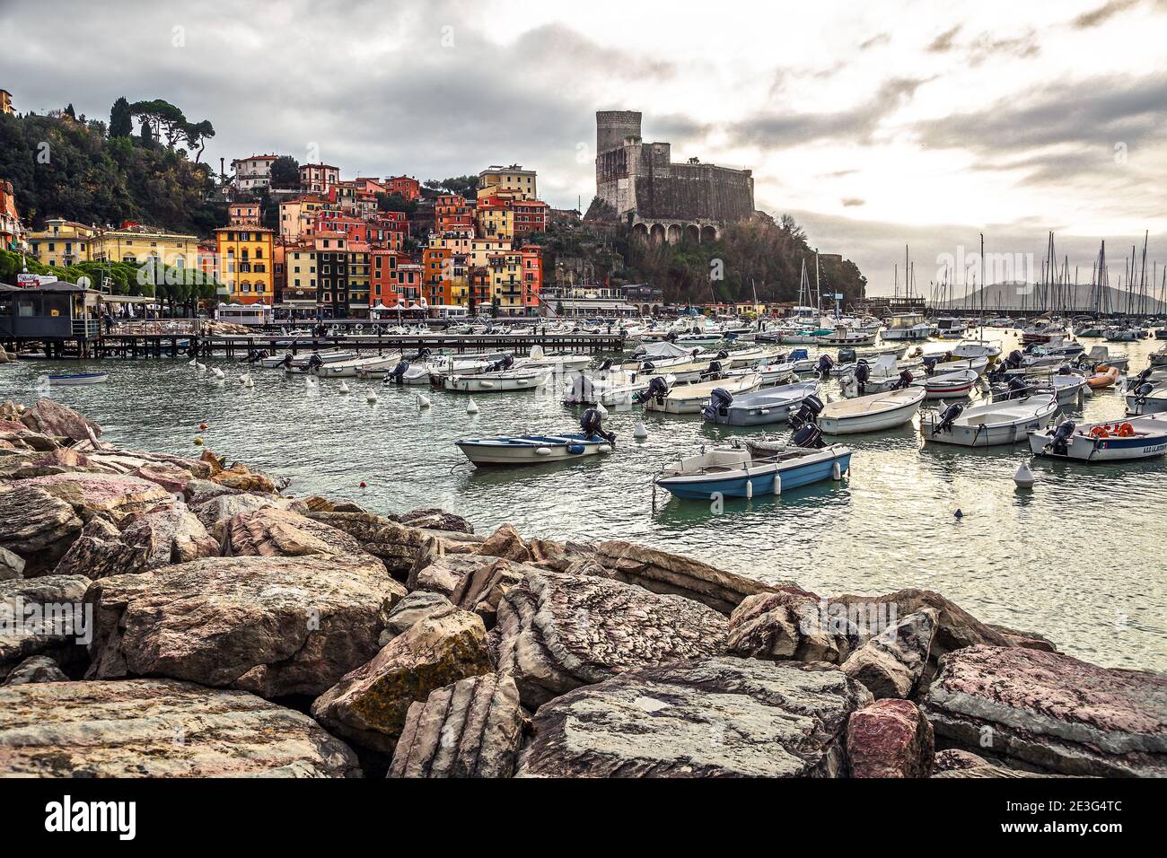 Unique seascape view of an italian village on Mediterranean sea with ...
