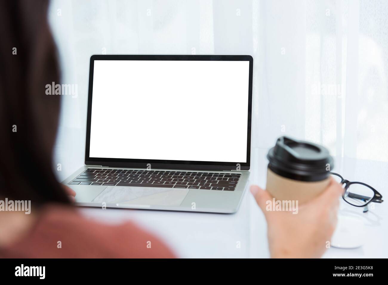 Work from home, Back of Asian young businesswoman video conference call ...