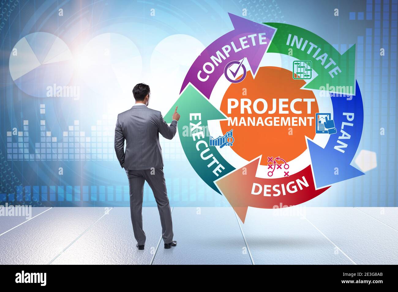Project management concept in stages with the businessman Stock Photo ...