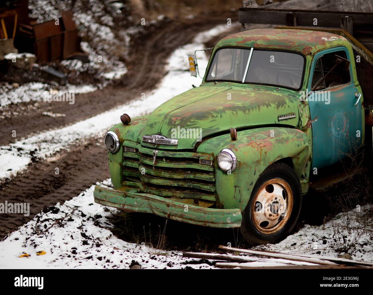 A green, early 1949 Chevrolet Loadmaster 1 ton stake-body work truck ...