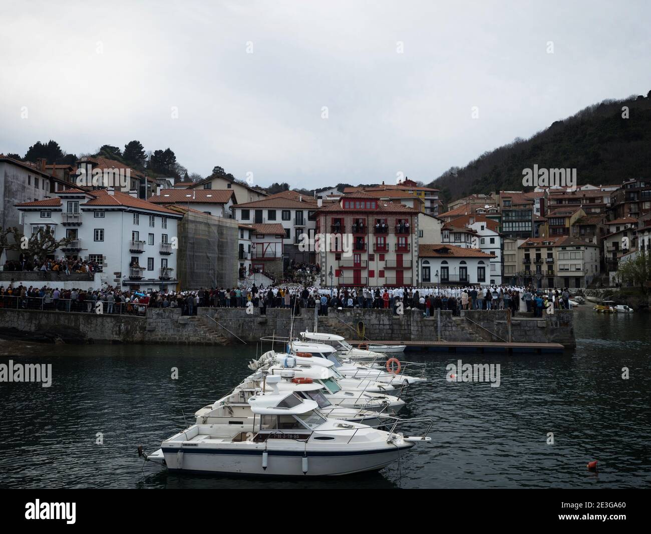 Panorama view of harbour port ship boat dock of Mundaka Mundaca town ...