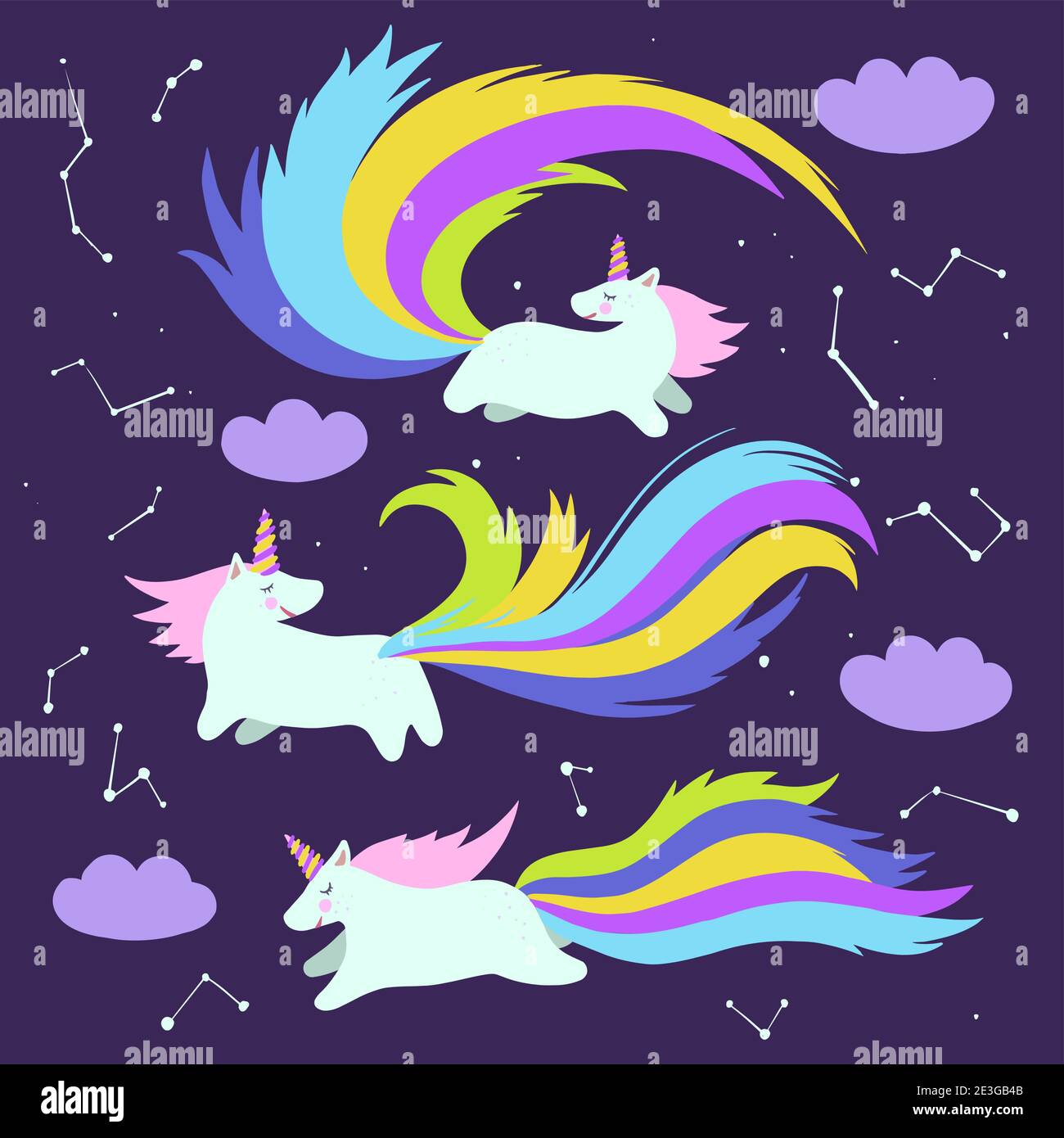 Set of cartoon hand drawn happy unicorns with rainbow tales in the ...