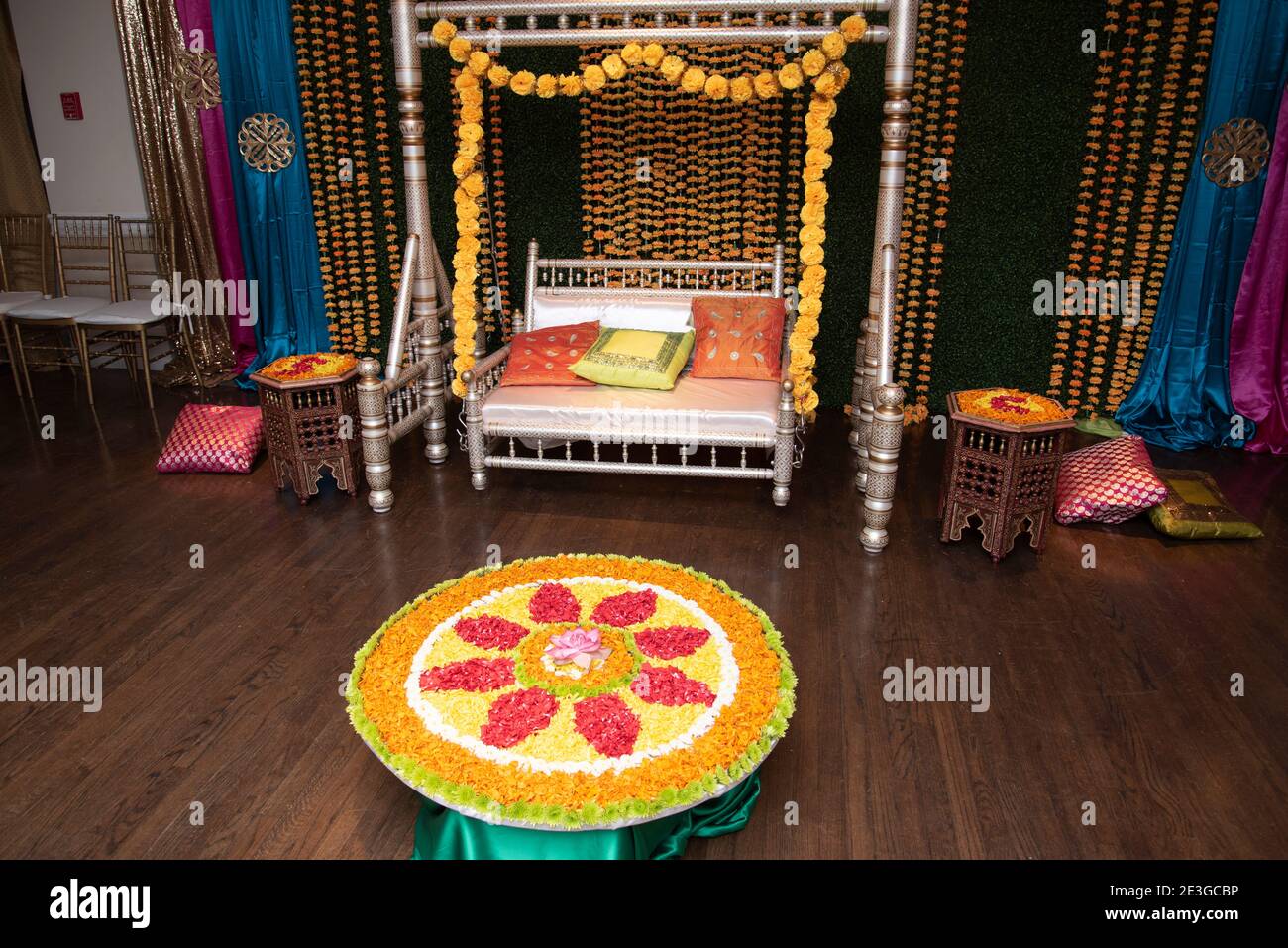 Mehendi ceremony before Indian wedding with colorful details Stock ...