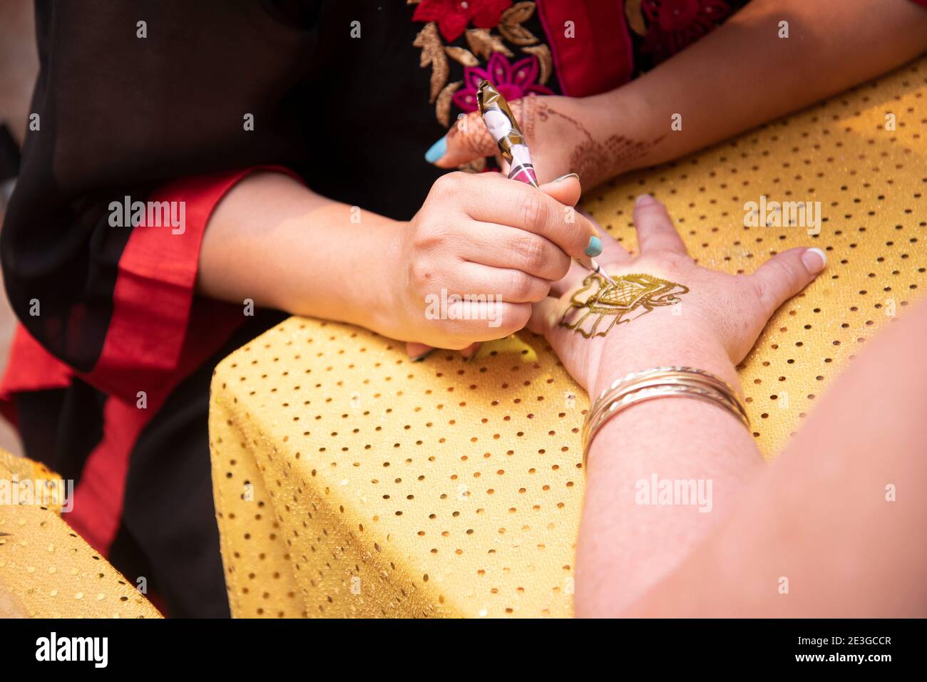 Mehendi ceremony before Indian wedding with colorful details Stock ...