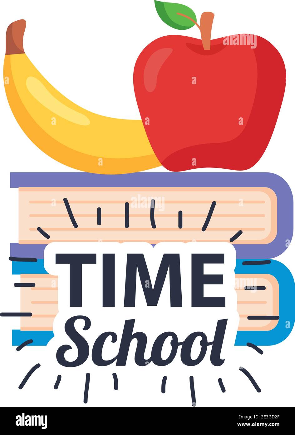 back to school lettering with apple and banana over pile books vector ...