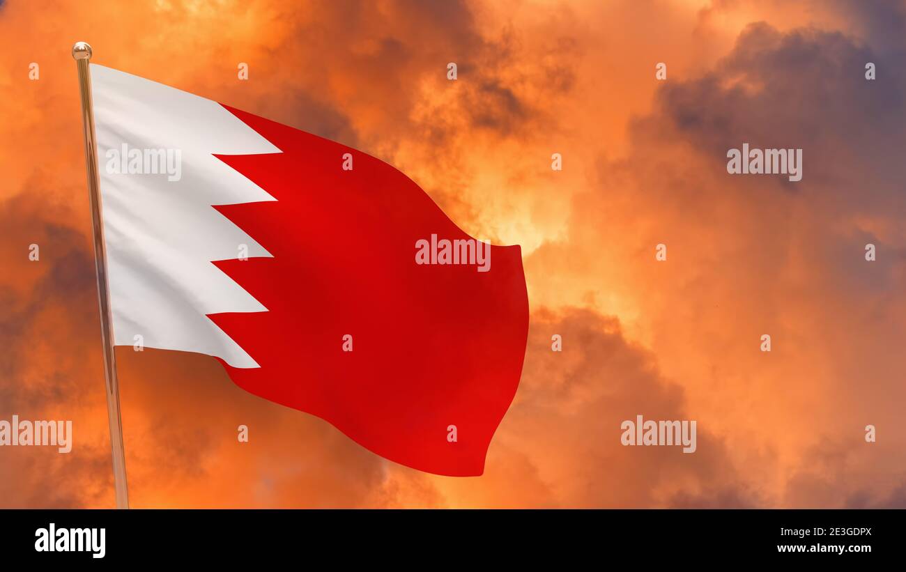 Bahrain flag on pole. Dramatic background. National flag of Bahrain ...