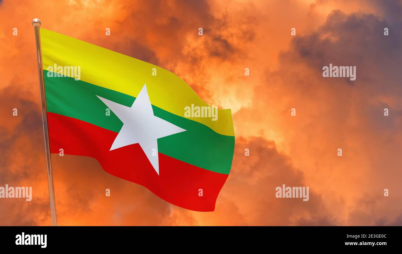 Burma flag on pole. Dramatic background. National flag of Burma Stock ...