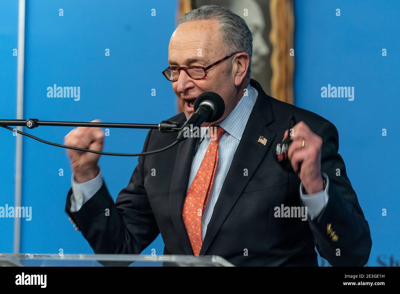 New York, NY - January 18, 2021: U. S. Senator Chuck Schumer speaks ...
