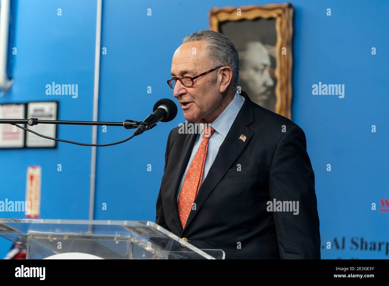 New York, NY - January 18, 2021: U. S. Senator Chuck Schumer speaks ...